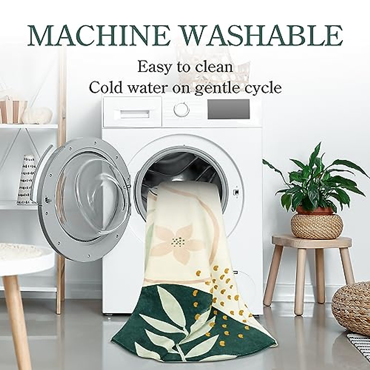 Lahome Green Botanical Print Washable Rugs - 5x7 Area Rugs for Living Room Boho Throw Large Bedroom Kitchen Rug Non-Slip Low-Plie Entryway Rug Floor Mat Carpet for Dining Laundry Room Office Rug