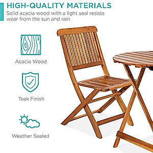 Best Choice Products 3-Piece Acacia Wood Bistro Set, Folding Patio Furniture for Backyard, Balcony, Deck w/ 2 Chairs, Round Coffee Table, Teak Finish - Natural