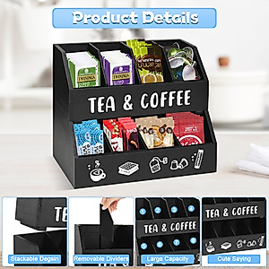 Coffee Station Organizer for Countertop, Wooden Coffee Bar Organization with 8 Compartments, 2 -Tier Tea Bag Organizer for Counter, Black Coffee Accessories for Coffee Bar with Removable Dividers