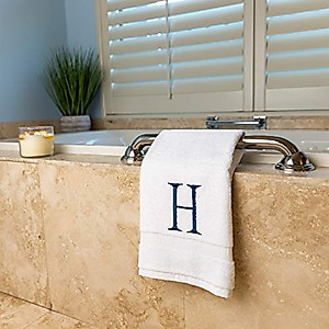 Monogrammed Hand Towels for Bathroom - Luxury Hotel Quality Personalized Initial Decorative Embroidered Bath Towel for Powder Room, Spa - GOTS Organic Certified - Set of 2 Navy Letter H