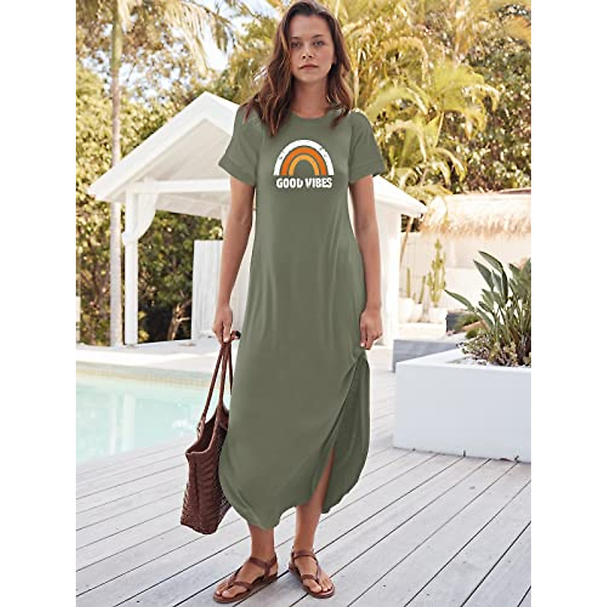 Prinbara Women's Casual Loose Sundress Long Dress Short Sleeve Split Maxi Dresses Cover Up Long Cami Maxi Dresses with Pockets 2PA22-ganlanlvyinzi-S