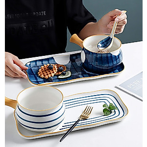 Jusalpha Individualized Creative Breakfast Bowl Set with Handle, Ceramic Cutlery Dinnerware Tableware Set Breakfast Plate Oatmeal Bowl Mug, Soup Bowl -Breakfast for One 01 (Strip Pattern)