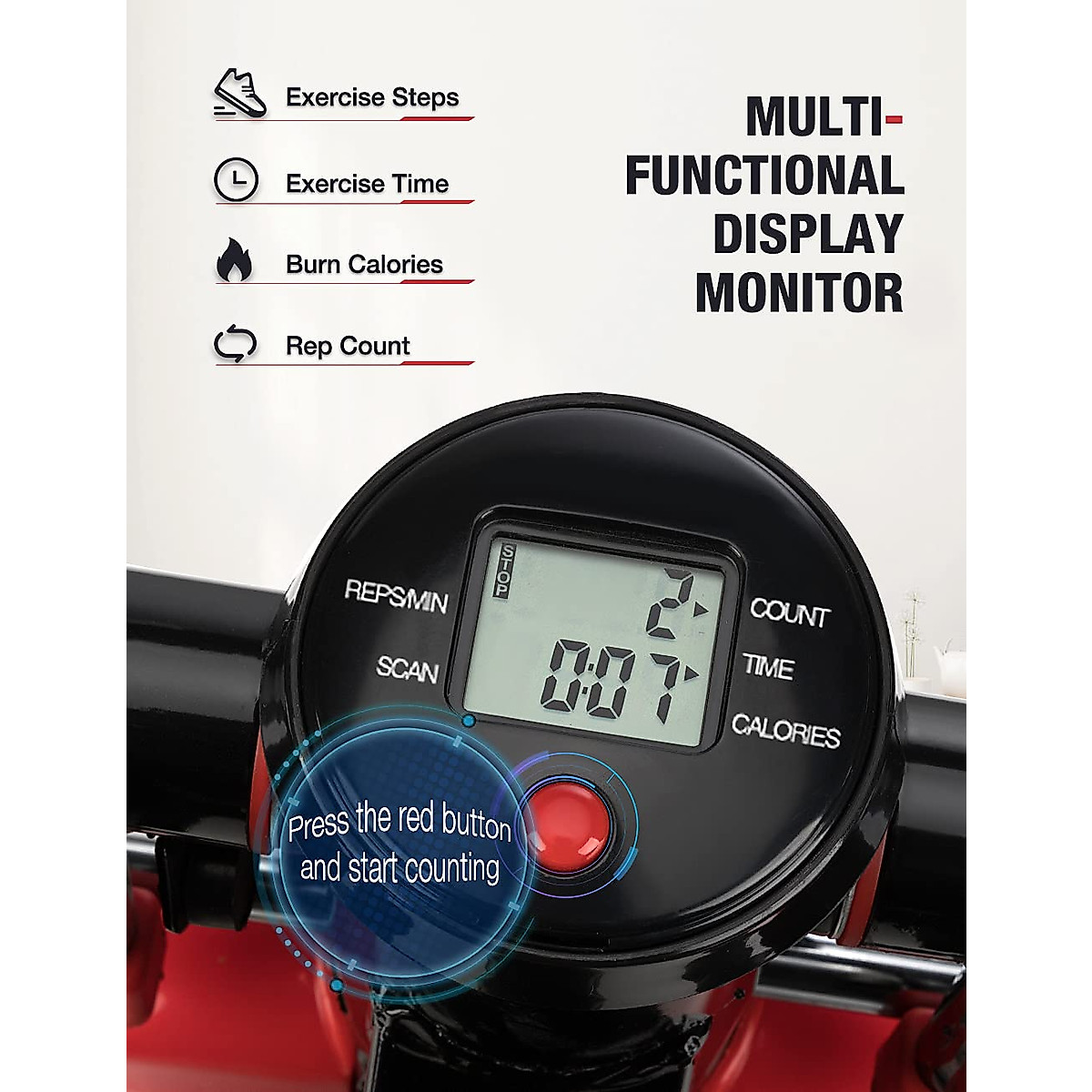 Stair Steppers for Exercise, Mini Stepper with Resistance Bands Portable Stair Climber Fitness Step Machine with LCD Monitor for Home Gym Office Workout Exercise Equipment, Red