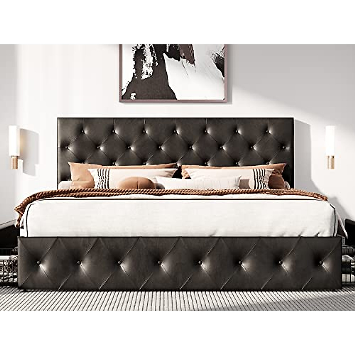 HOOMIC King Platform Storage Bed Frame with 4 Drawers & Adjustable Headboard, Wooden Slats, No Box Spring Needed,Diamond Stitched Button Tufted Design, Noise Free, Black Brown