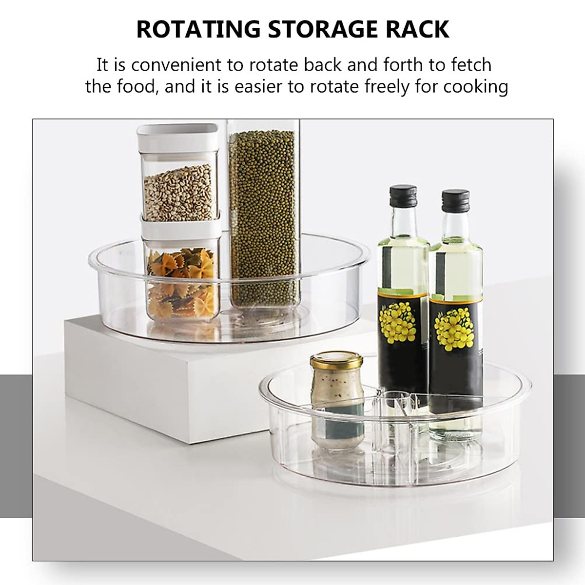 OSALADI 13 inch Kitchen Rack Rotating Shelf, Seasoning Storage Tray, Divided Spinning Organizer, Round Plastic Turntable Storage Food Bin Container, Divided Condiment Holder for Kitchen Home Bathroom