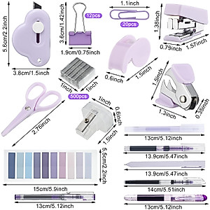 Colarr Mini Office Supply Kit Includes Stapler Tape Dispenser Staple Remover Paper Clips Scissor Staples Pen Sharpener Note Small Telescopic Knife for Office and School Clerk Student (Purple)