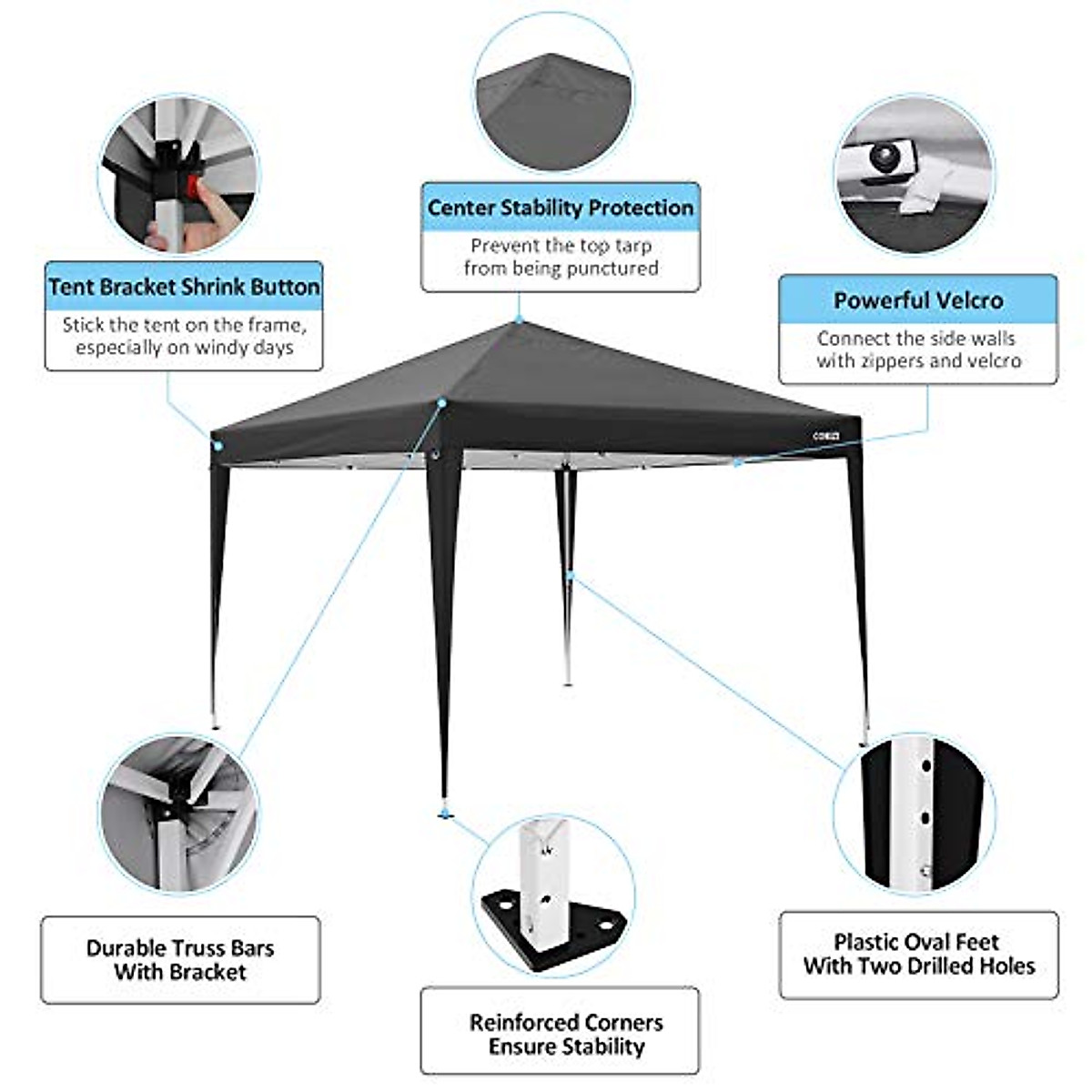 COBIZI 10'x10' Outdoor Canopy Tent, Beach Pop Up Canopy and Portable Gazebo Party Commercial Instant Shelter Tent Waterproof Canopies with 4 Sidewalls & Carrying Bag,Black