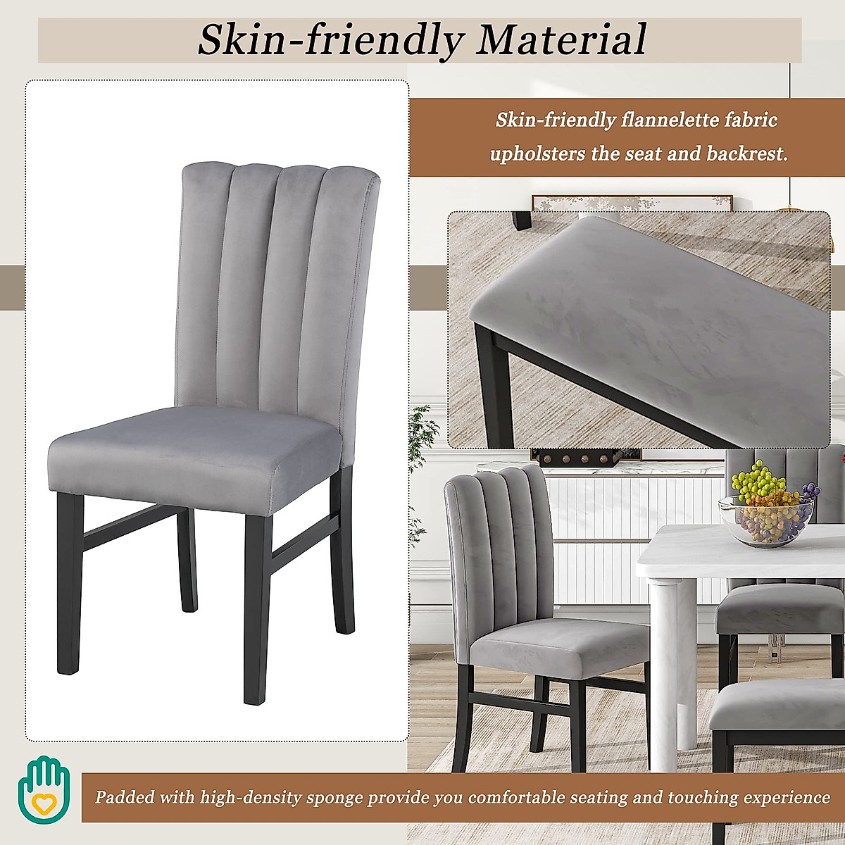 Eafurn 6-Piece Dining Set, Marble Veneer Wood Rectangular Table & 4 Flannelette Upholstered Chairs & Padded Bench, Kitchen Furniture for 5-6 Person, 60 x 36 x 30, White+Gray