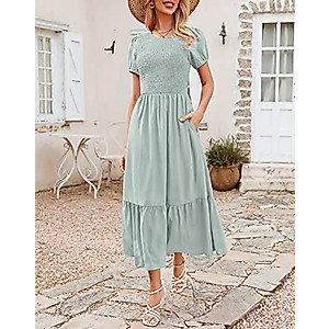 Annebouti 2023 Women's Summer Puff Short Sleeve Dress Modest Flowy A Line Ruffle Tiered Long Casual Smocked Maxi Dress with Pockets Solid Light Green S