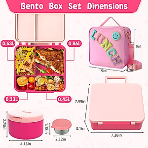Kids Bento Lunch Box with 8oz Soup Thermo, Kids Leakproof Lunch Food Containers with 4 Compartment, Kids Insulated Hot Food Jar with Lunch Bag for School, Trvael (Pink)