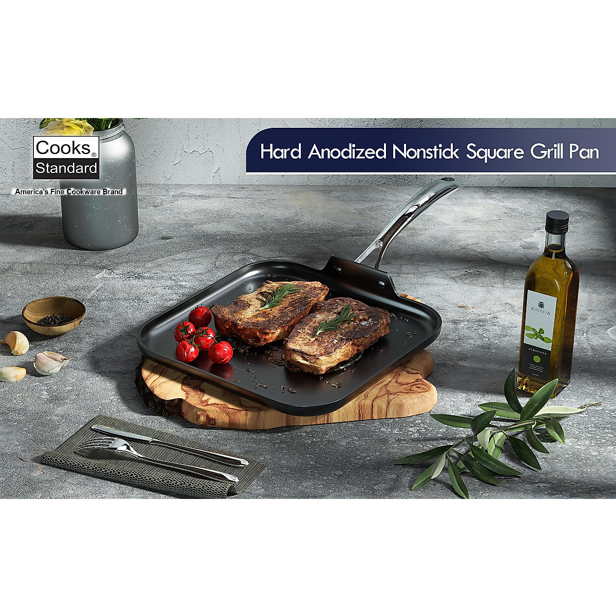 Cooks Standard Nonstick Square Griddle Pan 11 x 11-Inch, Hard Anodized Cookware Griddle Pan, Black