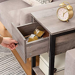 HOOBRO Side Table, 2-Tier Nightstand with Drawer, Narrow End Table for Small Spaces, Stable and Sturdy Construction, Wood Look Accent Furniture with Metal Frame, Greige and Black BG04BZ01
