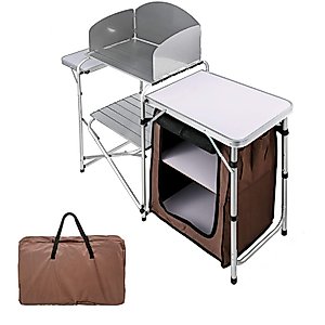 Camping Kitchen Table with Windscreen and Storage Organizer, Alunimum Folding Cook Table Lightweight Height Adjustable, Portable Camping Kitchen Brown for Outdoor Activities
