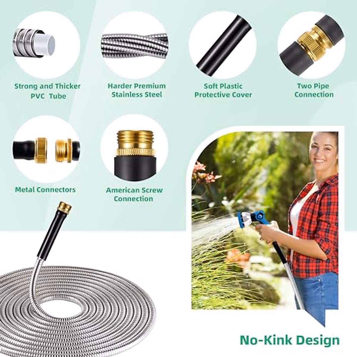 Garden Hose 50 ft - Metal Garden Hose Stainless Steel Water Hose Flexible Garden Hose 50 ft Collapsible and No Kink Water Pipe