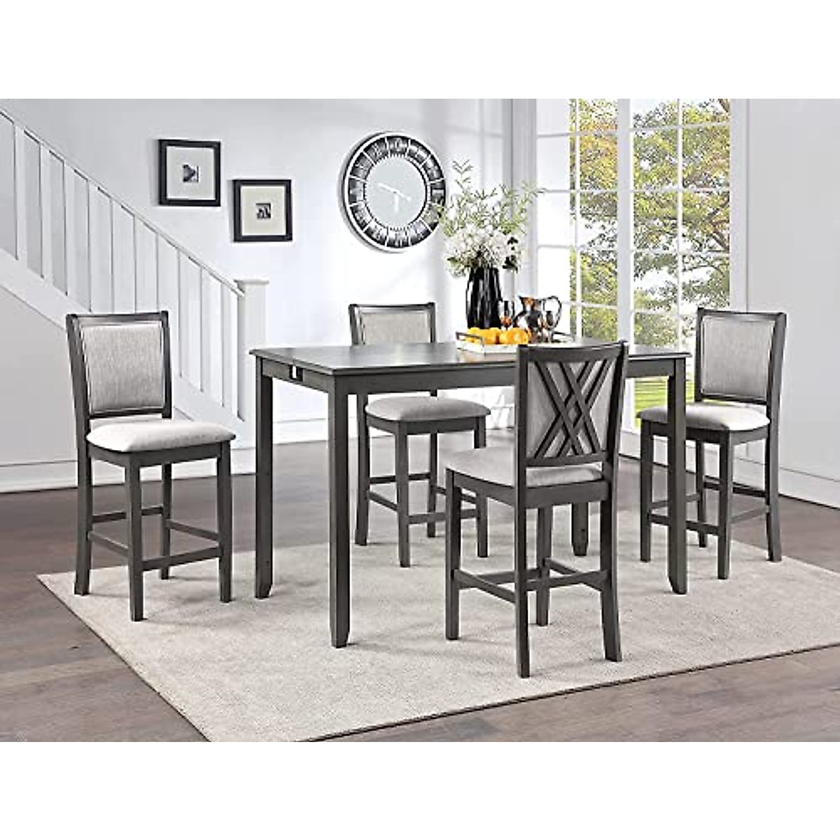 New Classic Furniture Amy Kitchen Counter Island Dining Table for 4 with Storage Shelf & USB Chargers, Contemporary Gray