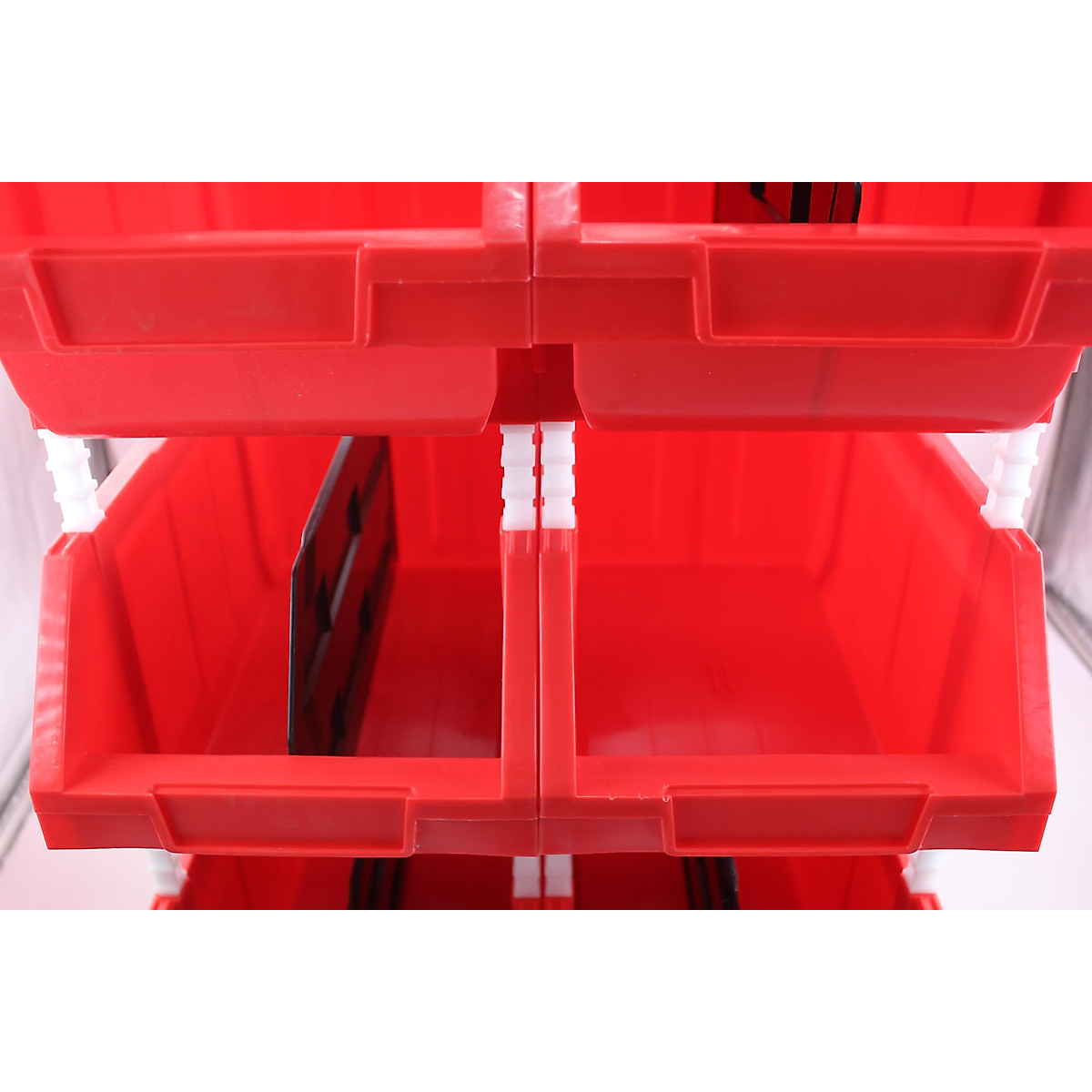 DJC Supply Heavy duty thermoplastic storage bin organizer, Stackable, Hangable, Side-connect (RED (2 PACK), LARGE V2 8.4" X 14.5" X 6.9")