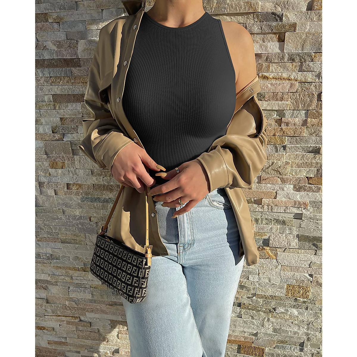 OQQ Women's 3 Piece Sexy Ribbed Sleeveless One Halter Neck BodySuit, Black Coffee Rose, Large