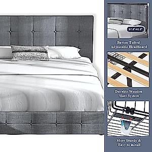 Allewie Upholstered Full Size Platform Bed Frame with 4 Storage Drawers and Headboard, Square Stitched Button Tufted, Mattress Foundation with Wooden Slats Support, No Box Spring Needed, Light Grey