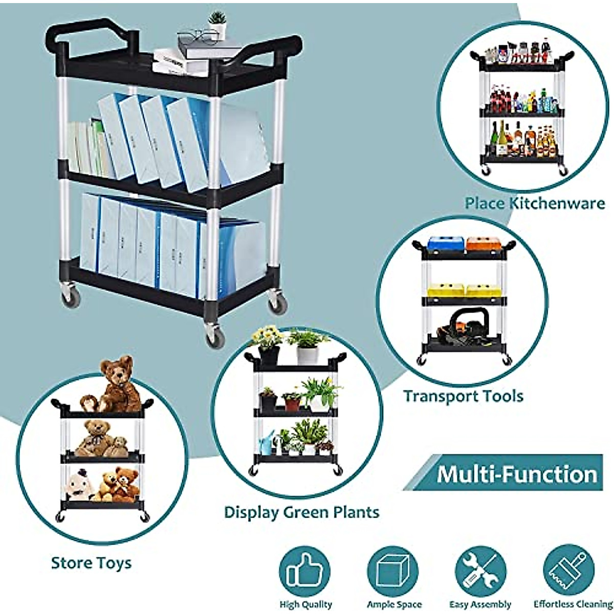 GOLDCAN Utility Carts with Wheels, Heavy Duty Rolling Carts Food Service Cart, 3-Tiers Plastic Cart with Rubber Hammer for Restaurant, Classroom, Warehouse