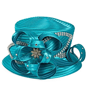 VECRY Womens Church Baptism Wedding Hat Tea Party Derby Dress Hats with Rhinestone (Aqua)