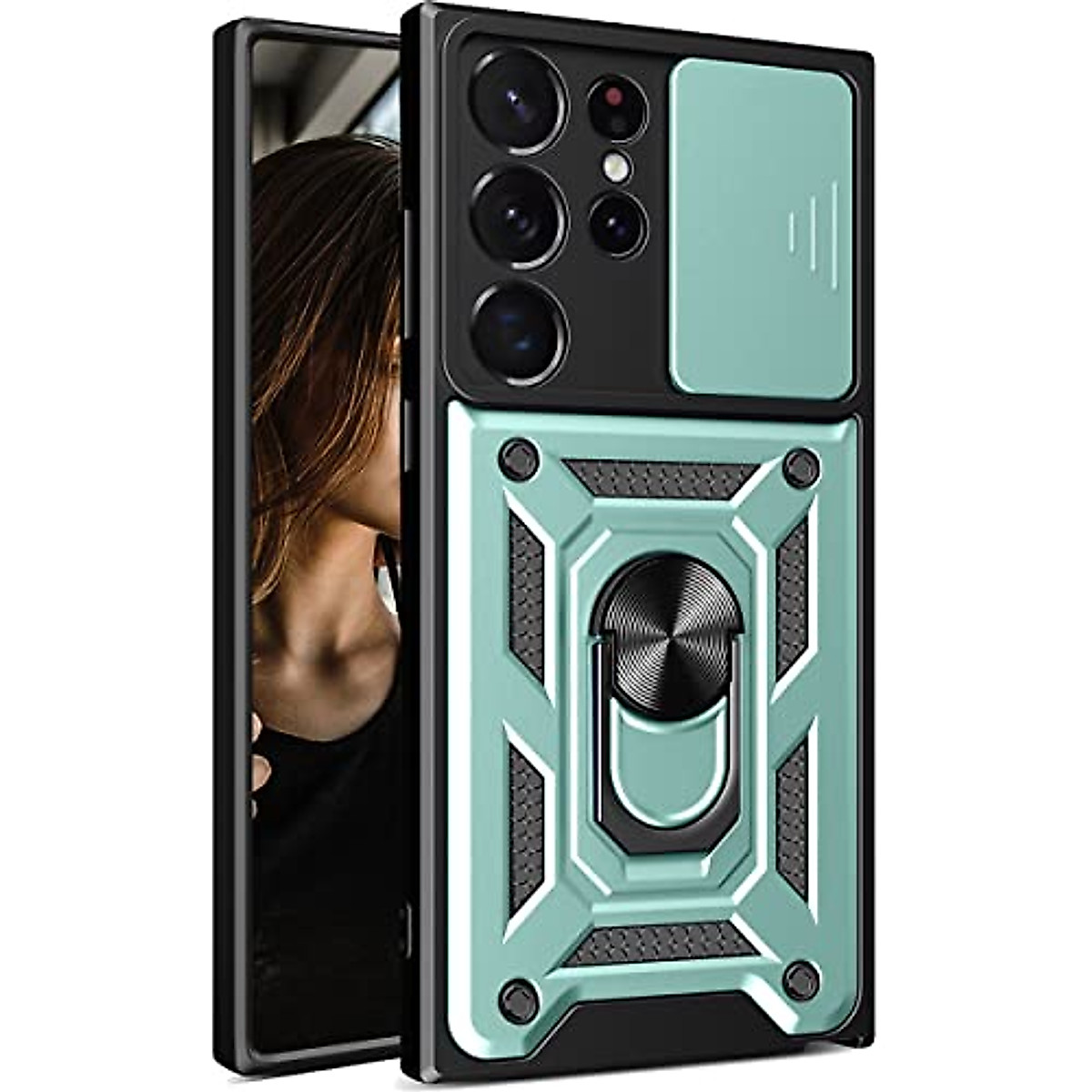 CCSmall Case for Samsung Galaxy S23 Ultra (Not S23) with Slide Camera Cover, Military Grade Drop Protective Phone Cover Case with Ring Kickstand for Samsung Galaxy S23 Ultra 5G SJ Green