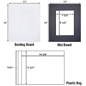 Acid Free 25 Pack 11x14 Pre-Cut Mat Board Show Kit for 8x10 Photos, Prints or Artworks, 25 Core Bevel Cut Matts and 25 Backing Boards and 25 Crystal Plastic Bags, Black
