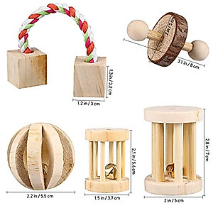 POPETPOP 5PCS Hamster Chew Toys Natural Wooden Play Toy Exercise Bell Roller Teeth Care Molar Toy for Bunny Rabbits Rats Gerbils and Other Small Animals
