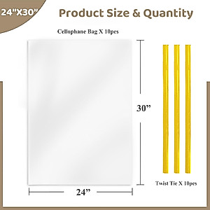 WIKDAY Clear Gift Bags 10 PCS 24x30 Inches Large Cellophane Wrap for Gift Baskets Wrapping Plastic with Ties for Gift Giving, Packaging Products