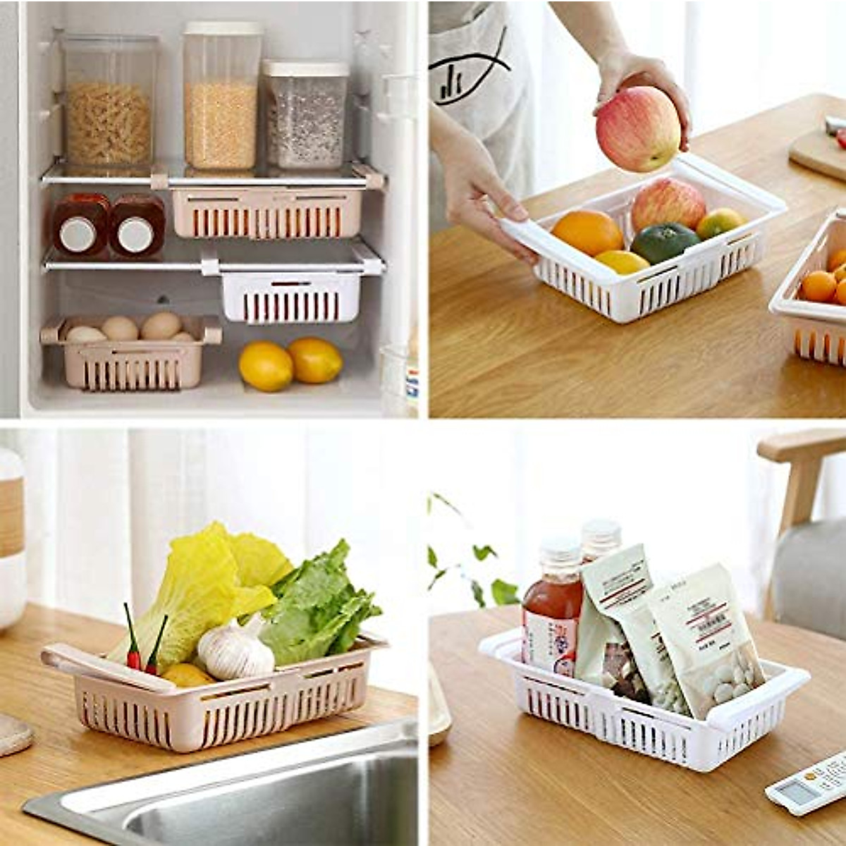 Fridge Drawer Organizer 4 Pack Retractable Drawer Refrigerator Storage Box,Unique Design Pull Out Bins, Fridge Shelf Holder Storage Box, Small Size, FIT FOR Under 0.5'' Fridge Shelf