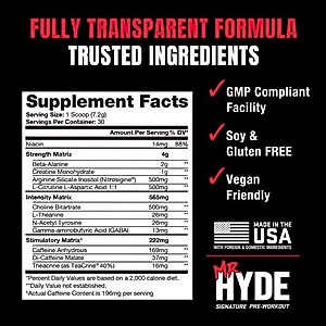 PROSUPPS Mr. Hyde Signature Pre Workout with Creatine, Beta Alanine, TeaCrine and Caffeine for Sustained Energy, Focus and Pumps - Pre-Workout Energy Drink for Men and Women (Blue Razz, 30 Servings)