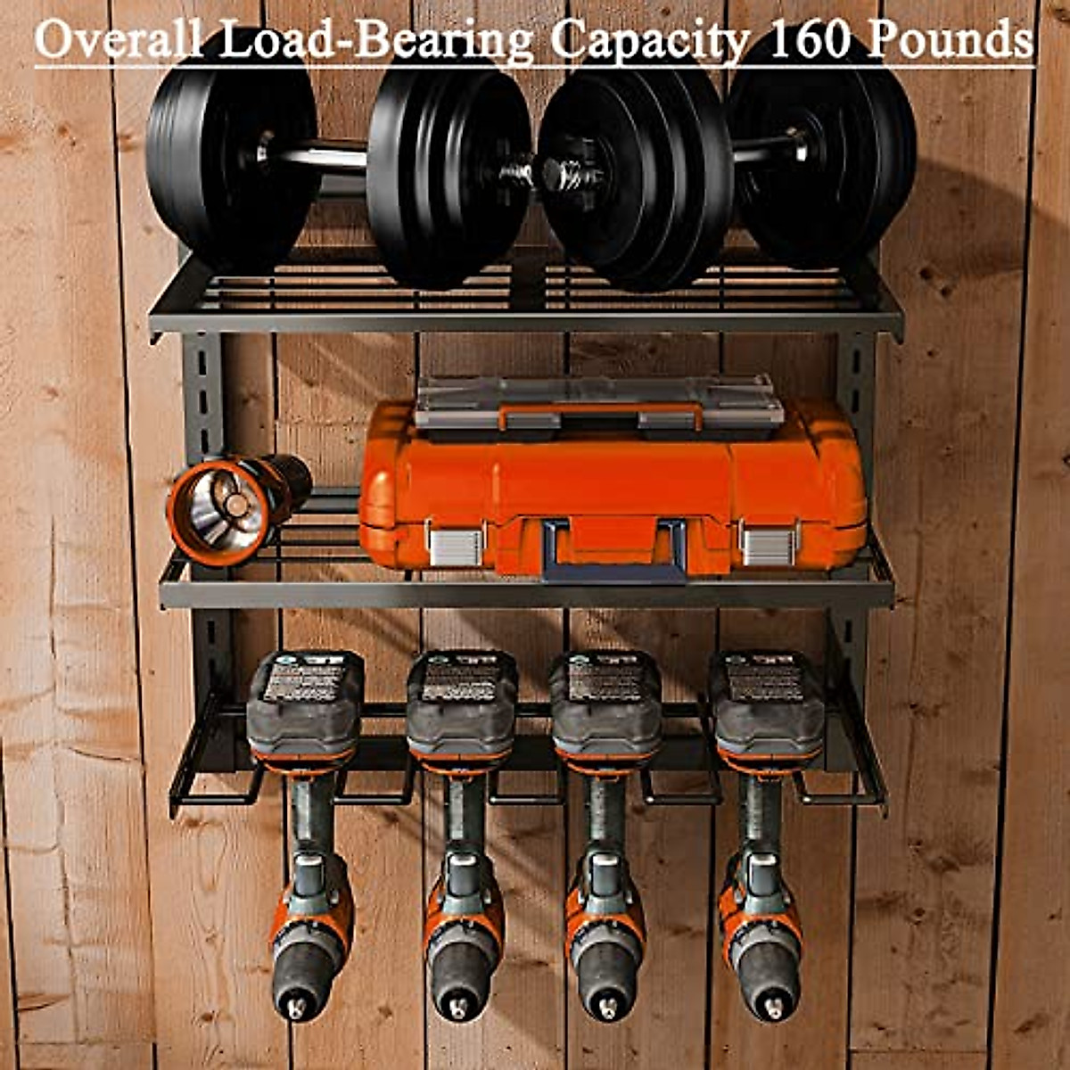 RUN HELIX Power Tool Organizer, Wall Mount Garage Organization with 4 Drill Holders, Heavy Duty Tool Shelf & 1 Pack 3 Layers Cordless Tool Rack, Screwdriver Storage Rack Box Organizers and Storage