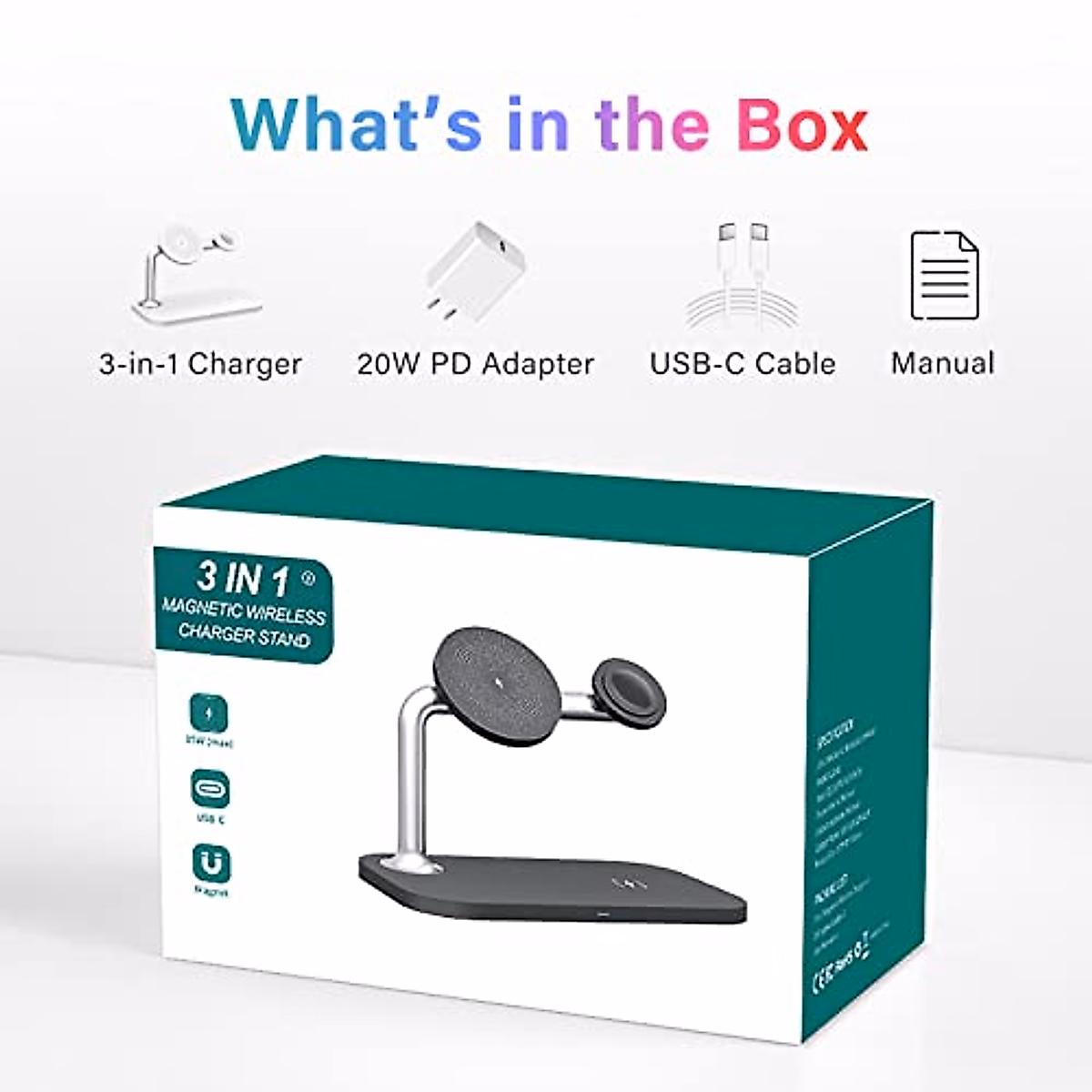 3 in 1 Magnetic Wireless Charger, with 20W USB-C Adapter, Charging Station for Apple Products Compatible with MagSafe for iPhone 14 13 12 Pro Max, Watch Series 1-8, AirPods Pro (White)