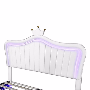 YSWH Queen Size Upholstered Princess Bed, Platform Bed Frame with Adjustable Crown Shaped Headboard and LED Lights, Fun Cute Bed Princess Bed for Kids, Bedroom Furniture Upholstered Bed (White)