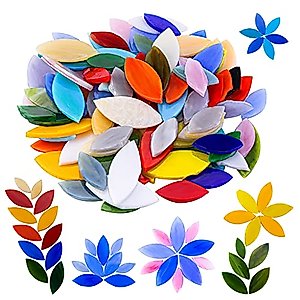 Yoption 100 Pieces Petal Mosaic Tiles, Hand-Cut Stained Glass Flower Leaves Tiles for Art Craft and Home Decorations