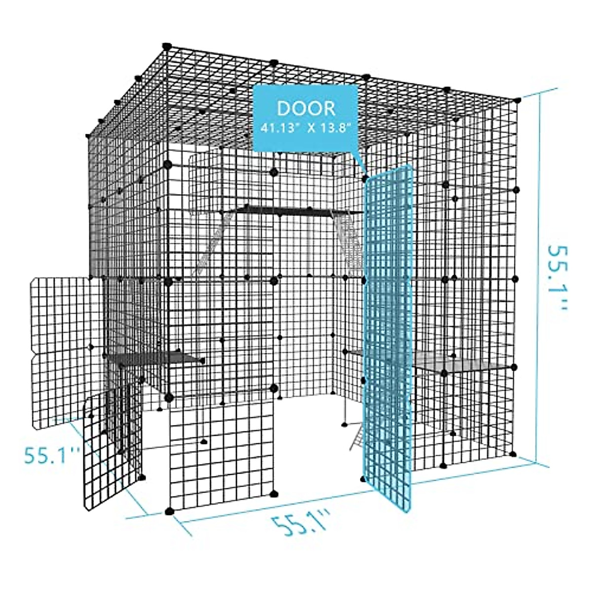 DIY Large Cat Cages Indoor,DIY Kennel Playpen.Detachable Metal Wire Large Cat Cage Exercise Place Ideal for 1-3 Cat,Comes with A Ladder Suitable for Ferret,Bunny and Chinchillas(55"x55"x55")