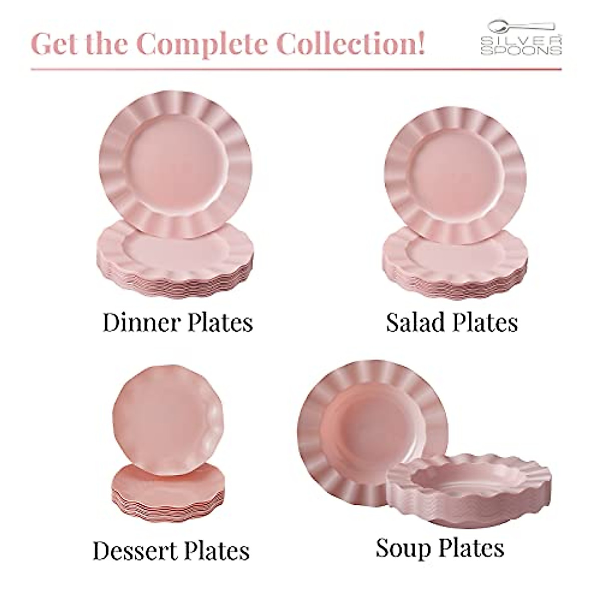 SILVER SPOONS Elegant Plastic Plates for Party with Scalloped Rim (10 PC), Disposable Heavy-Duty Dinner Plates for Wedding Reception - 11.25”, Fancy Plastic Dinnerware Sets - Pink