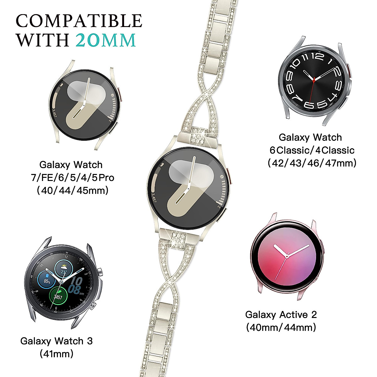 G-ficu Galaxy Watch 7/6/5/4/FE band, 20mm X-Shape Band for Samsung Galaxy Watch 4 5 6 7 Band 40mm 44mm, Women Bling Metal Bands for Watch 5Pro/Watch 6 4 Classic/Watch 3 41mm/Active 2-Cream Silver