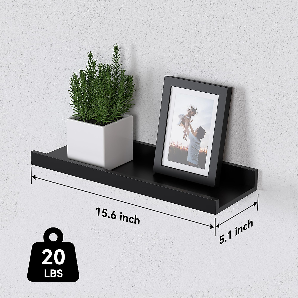 DOLLFIO Modern Shelves Set of 3, Black Wall Mount, Heavy Duty Engineered Wood, Floating Shelves for Living Room, Bedroom, Nursery, Bathroom, Pictures, Books, Plants