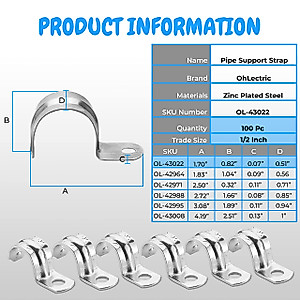 OhLectric 1 Hole 1/2 Inch Pipe Strap - Reinforced Rib For Extra Strength - Zinc-Plated Steel Pipe Strap Clamp For EMT Conduit - Snap-On Installation - Pack Of 100; OL-43022