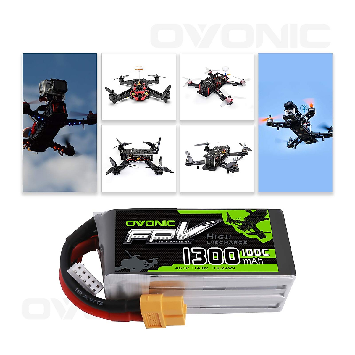 OVONIC 4S Lipo Battery 1300mAh 100C 14.8V Lipo with XT60 Plug for FPV Racing RC Quadcopter Helicopter Airplane Multi-Motor Hobby DIY Parts