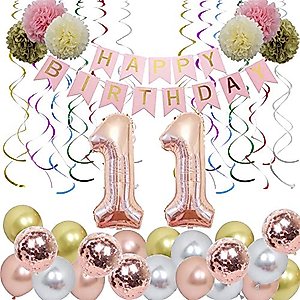 11th Birthday Decorations Supplies Rose Gold 11 Foil Balloons, Happy Birthday Banner, Hanging Swirls, Pompoms Flowers, Metallic Chrome Balloons, Confetti Balloons For Girls' Birthday Party