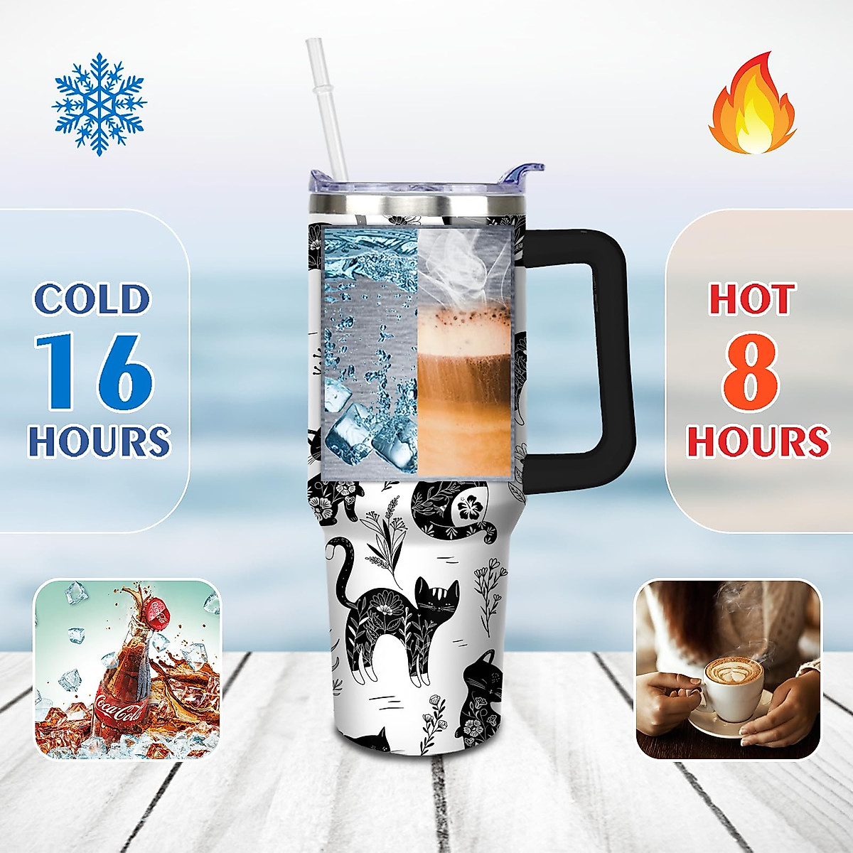 qoepfnsh 40 oz Cat Tumbler with Handle and Straw, Cat Floral Stainless Steel Vacuum Insulated Travel Coffee Mug Cup Water Bottle, Kitty Stuff Accessories Decor, Cats Lover Gifts for Women Girls