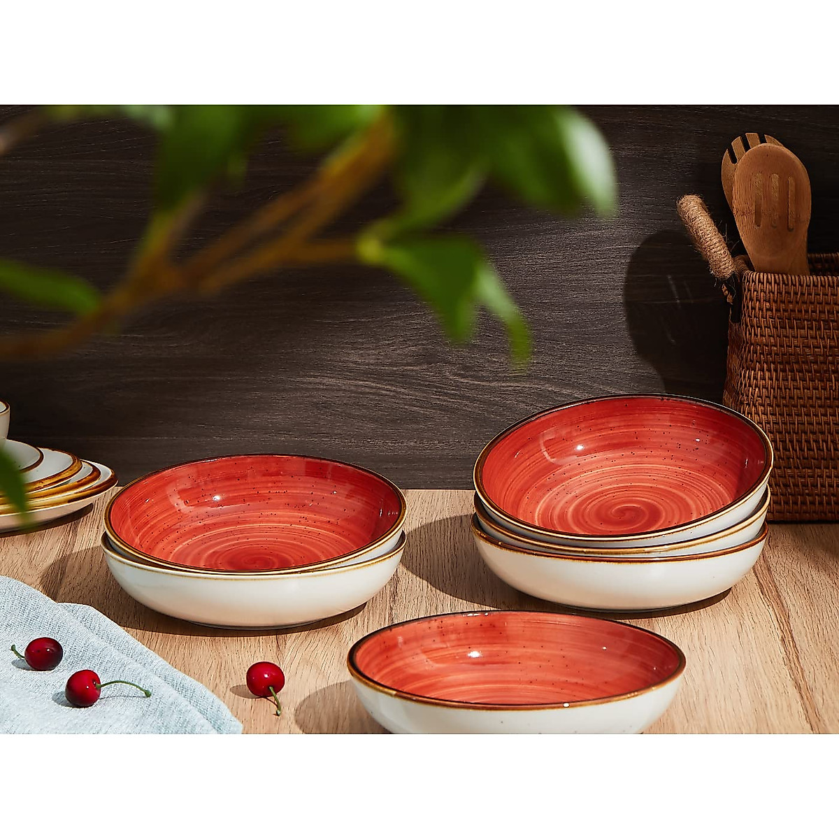 ONEMORE 30 oz Pasta Bowls and 8.5 inch Salad Plates Bundle - Microwave, Oven and Dishwasher Safe - Red