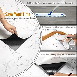 Mysflosy Peel and Stick Floor Tiles, Self Adhesive Waterproof Vinyl Flooring, 12''x12'' White Marble Pattern DIY Floor Sticker for Kitchen, Bathrooms & Bedroom, 20 Tiles