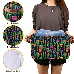 Cute Cactus Plant Green Basket with Handles, Waterproof Storage Basket Laundry Baskets Foldable Closet Organizer Bins for Home Closets, Offices, Bedroom, Laundry, 1PC