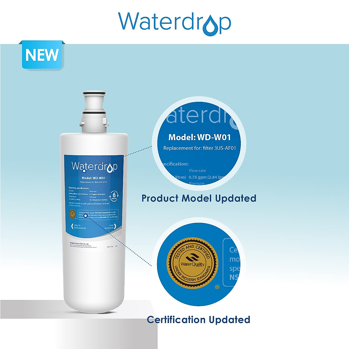 Waterdrop 3US-AF01 Undersink Water Filter, Replacement for Filtrete® 3US-AF01, 3US-AS01, Aqua-Pure AP Easy C-CS-FF, WHCF-SRC, WHCF-SUFC, WHCF-SUF, NSF/ANSI 42 Certified, Pack of 1