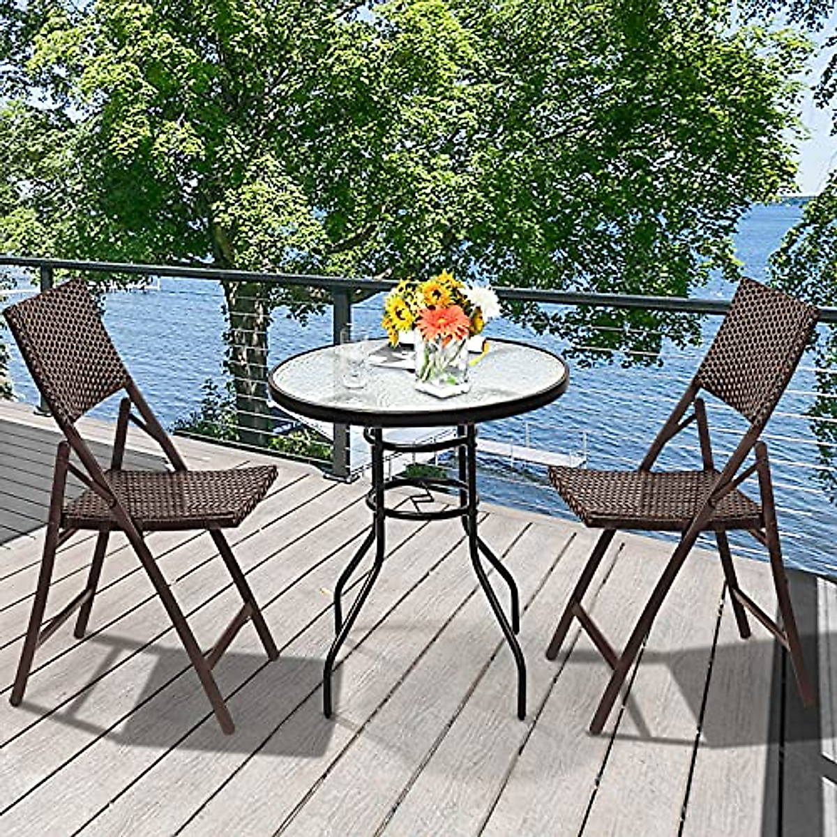 HAPPYGRILL Folding Rattan Chairs Outdoor Set of 2 Patio Rattan Wicker Bistro Chairs with Weather-Resistant PE Rattan and Anti-Rust Steel Frame