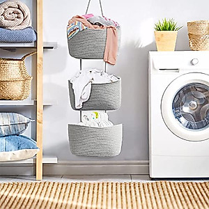 TeoKJ Over the Door Organizer, 3-Tier Woven Cotton Hanging Kitchen Baskets Storage Organizer Bag with Hooks Wall-Mounted Decorative Rope Baskets - Gray