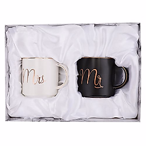 Yesland 12 oz Mr and Mrs Mug, Ceramic Coffee Mug for the Couple, Ideal Gift for Engagement, Anniversary, His and Hers, Bride and Groom, Valentines and Christmas Gifts - Set of 2 (Black & White)