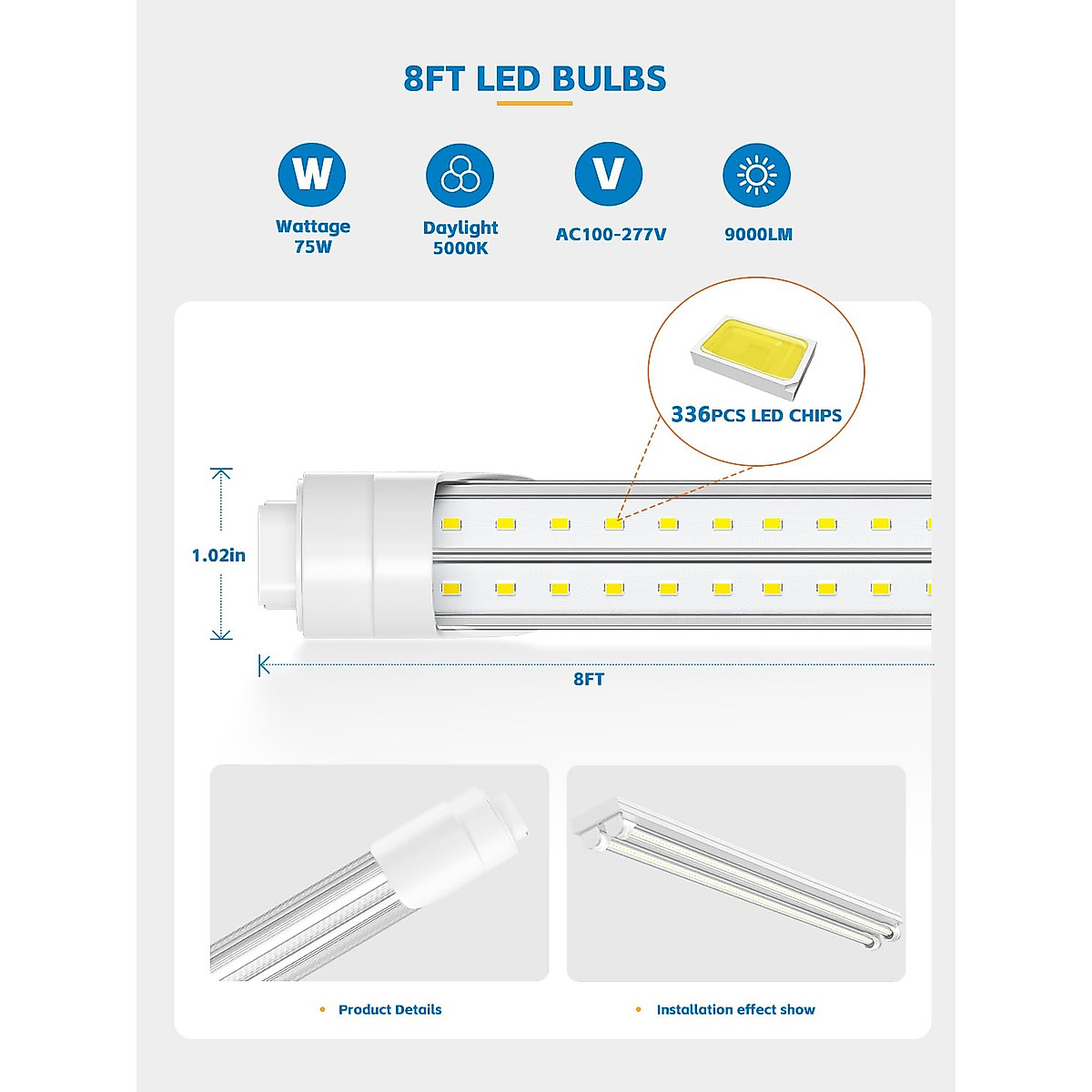 ELEKICO 8FT LED Bulb, 8FT Led Shop Light R17D V Shaped, 8 Foot LED Bulbs 6000K 75W 9500LM, 8 Foot Shop Light, T8/T10/T12 Led Tube Light Replacement, Dual-End Powered Ballast Bypass, Pack of 12